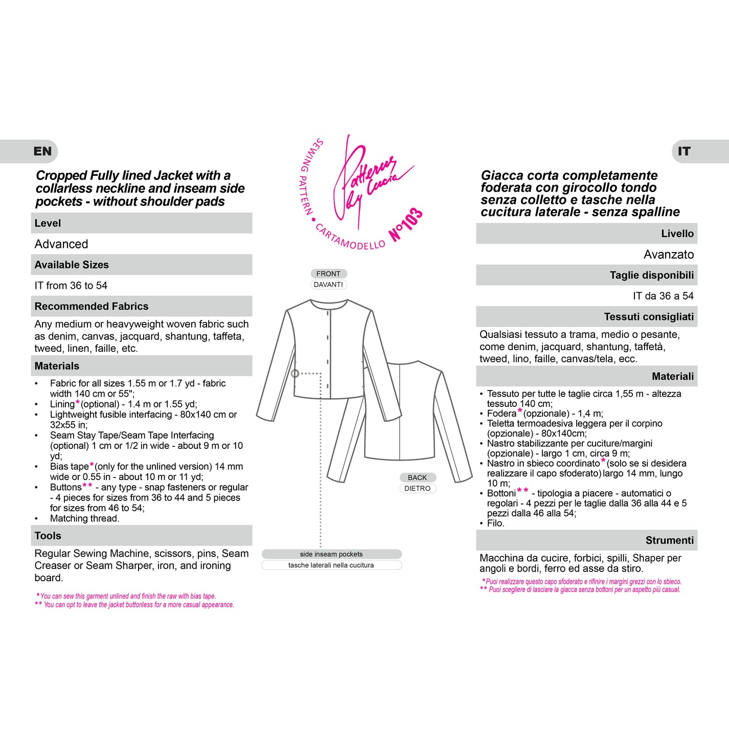Cropped Blazer Sewing Pattern N.103 – Patterns by Lucia