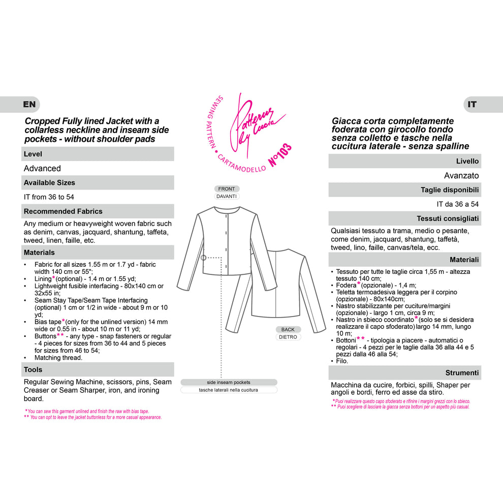 Cropped Blazer Sewing Pattern N.103 – Patterns by Lucia